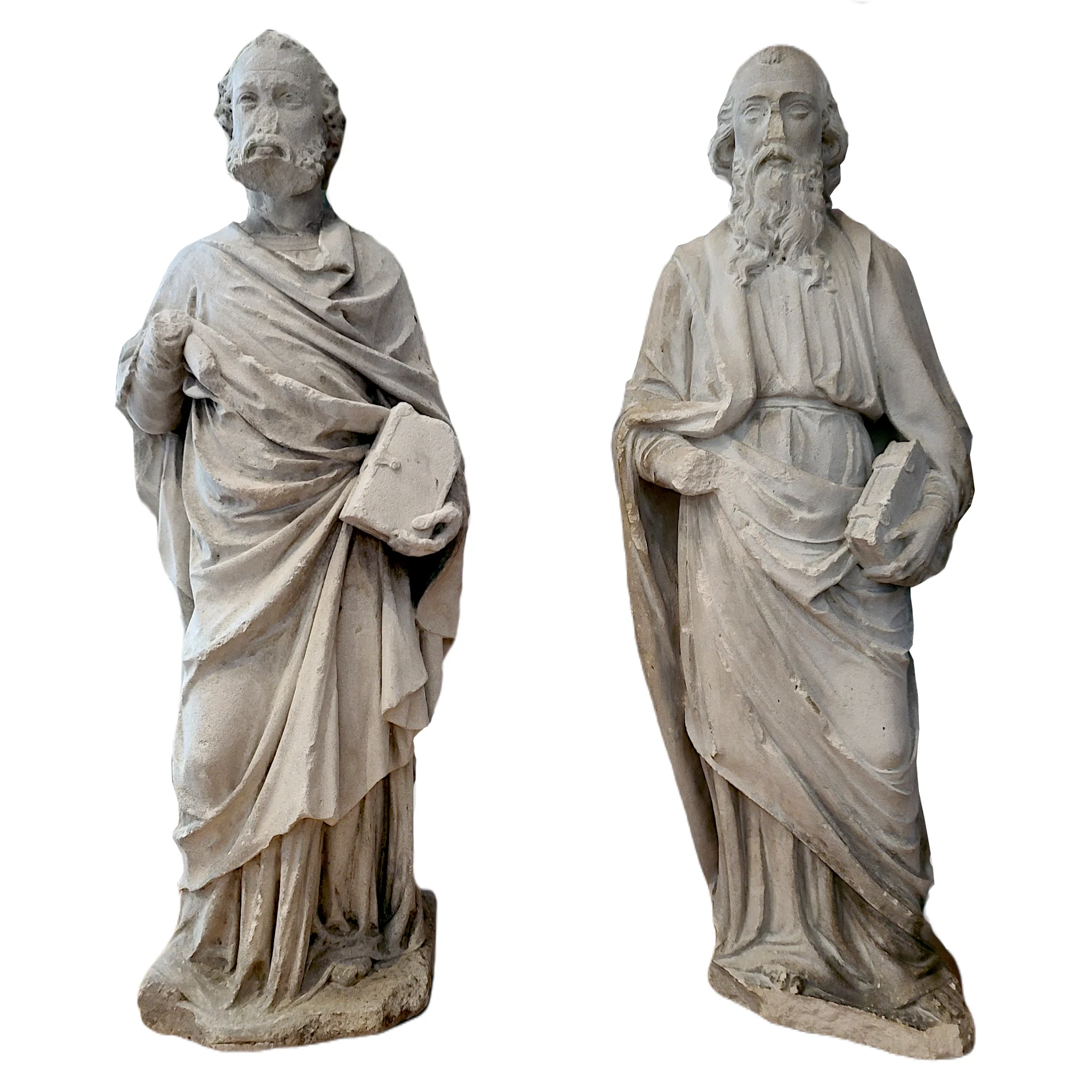 Gothic sculptures of the apostles Peter and Paul. Limestone statues.